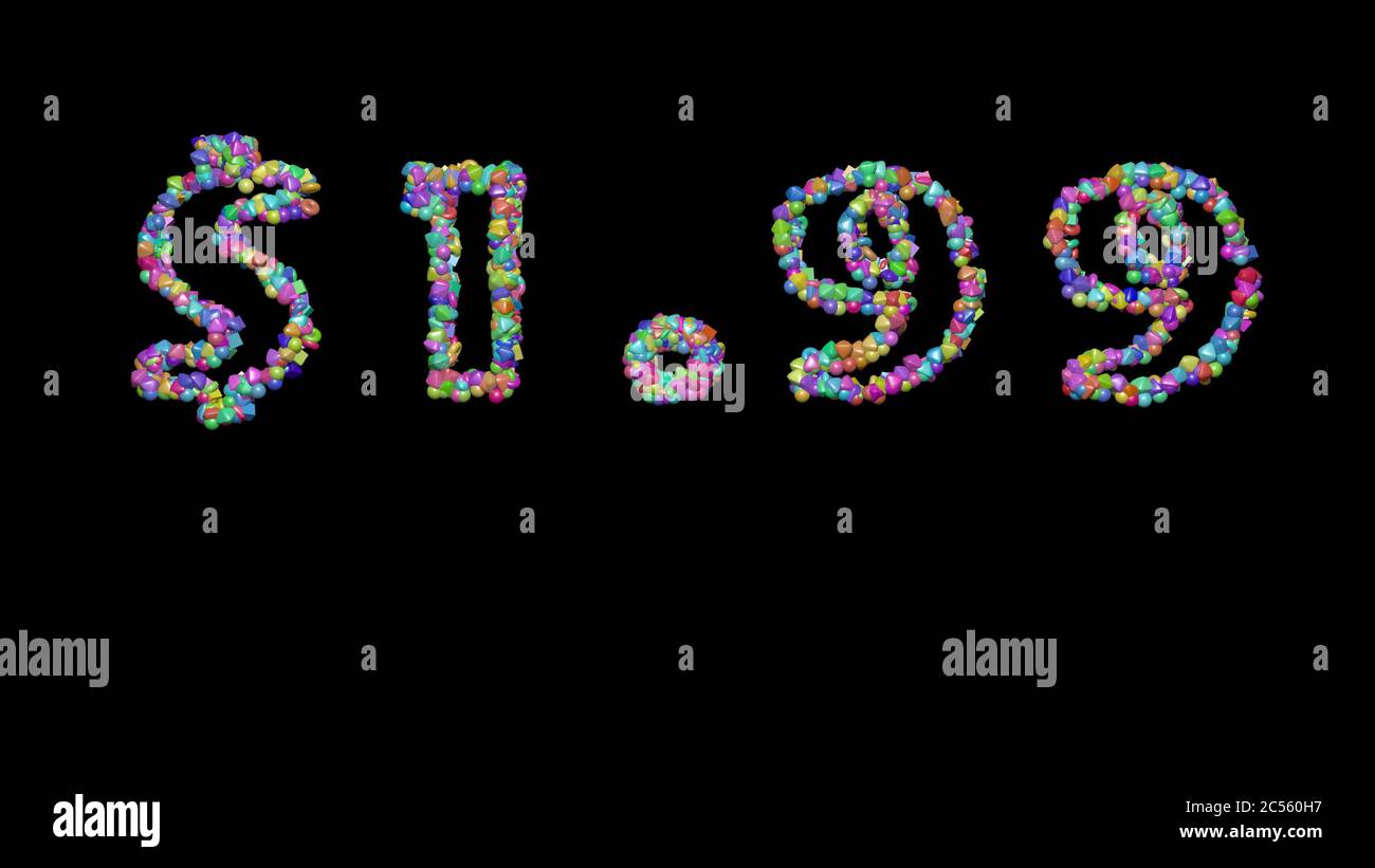 Colorful 3D writing of $1.99 text with small objects over a dark ...