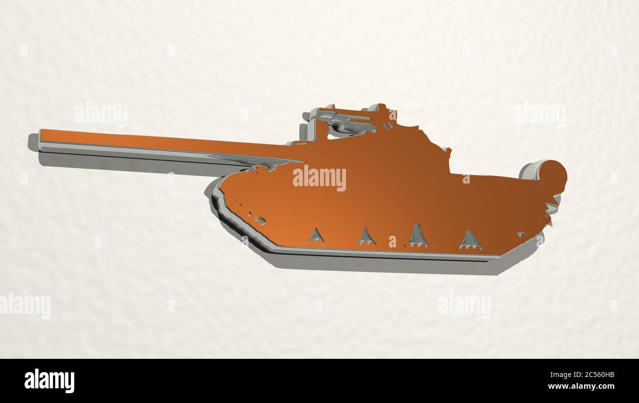 MILITARY TANK made by 3D illustration of a shiny metallic sculpture on ...