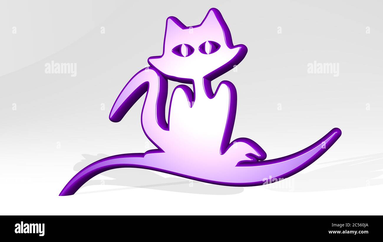 cat stand with shadow. 3D illustration of metallic sculpture over a ...