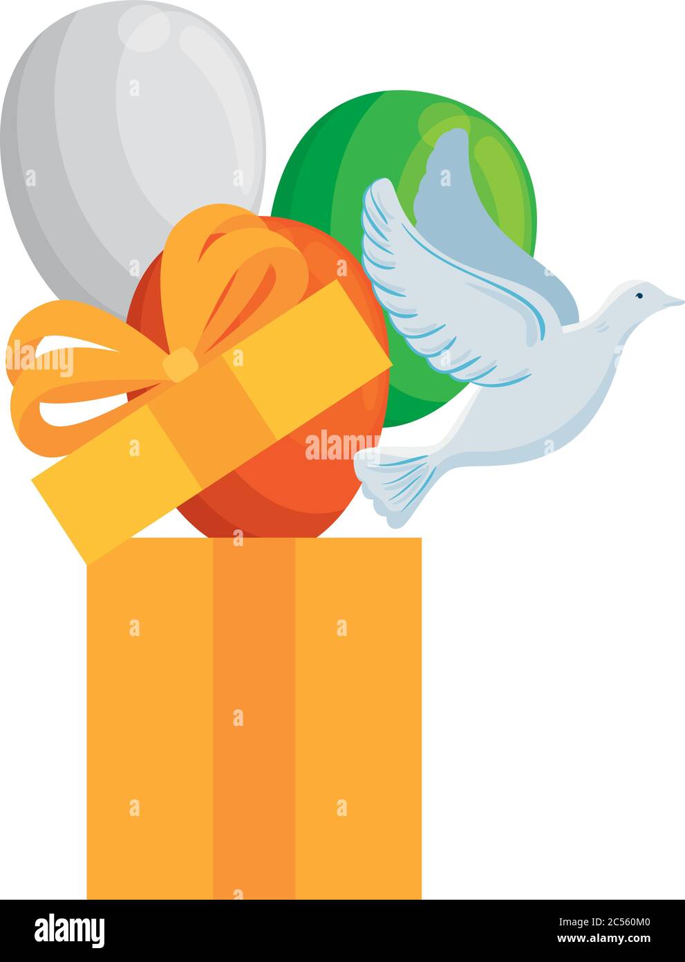 white dove coming out of gift box and balloons helium on white ...