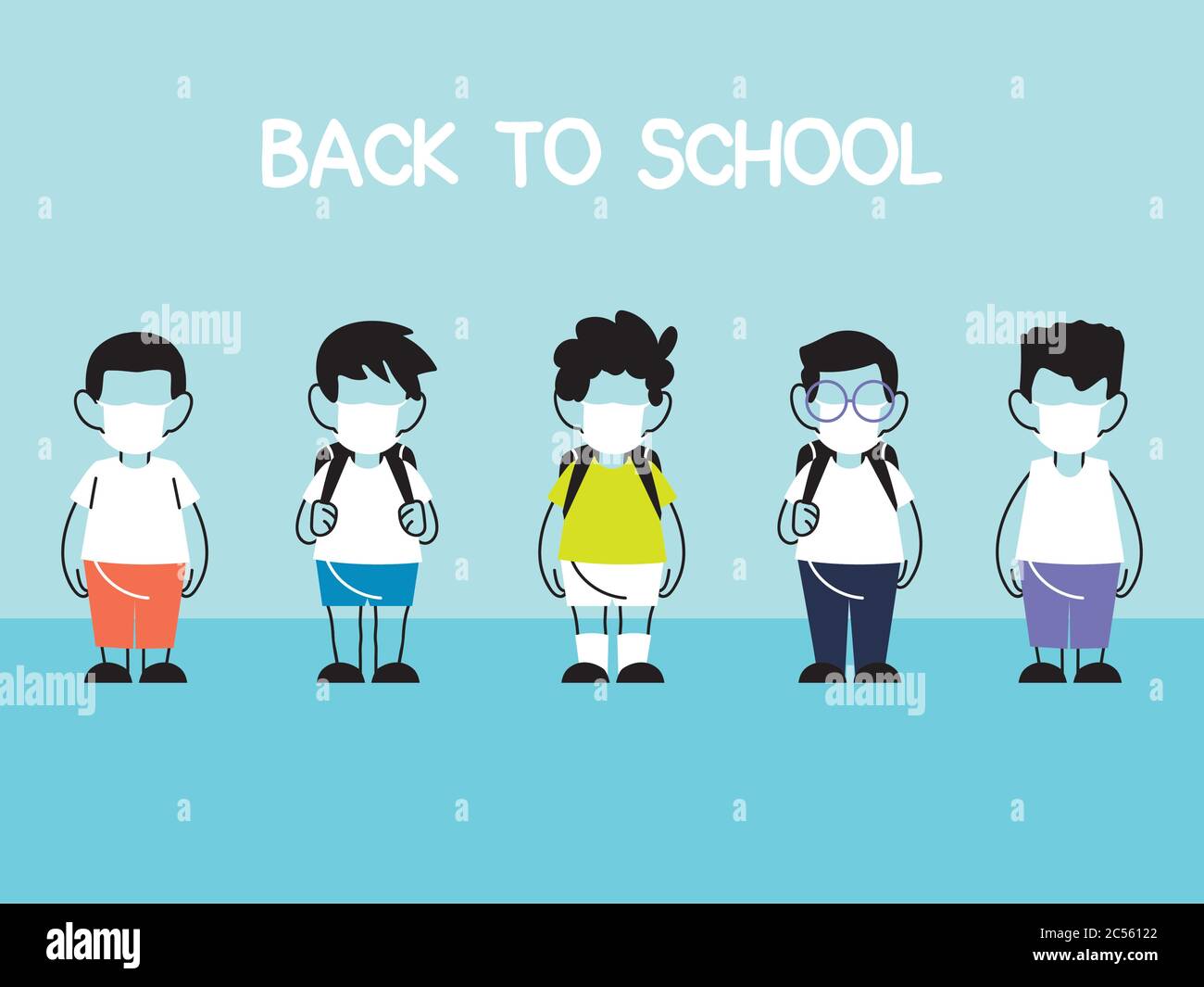back to school, group of kids wearing face mask and social distancing ...