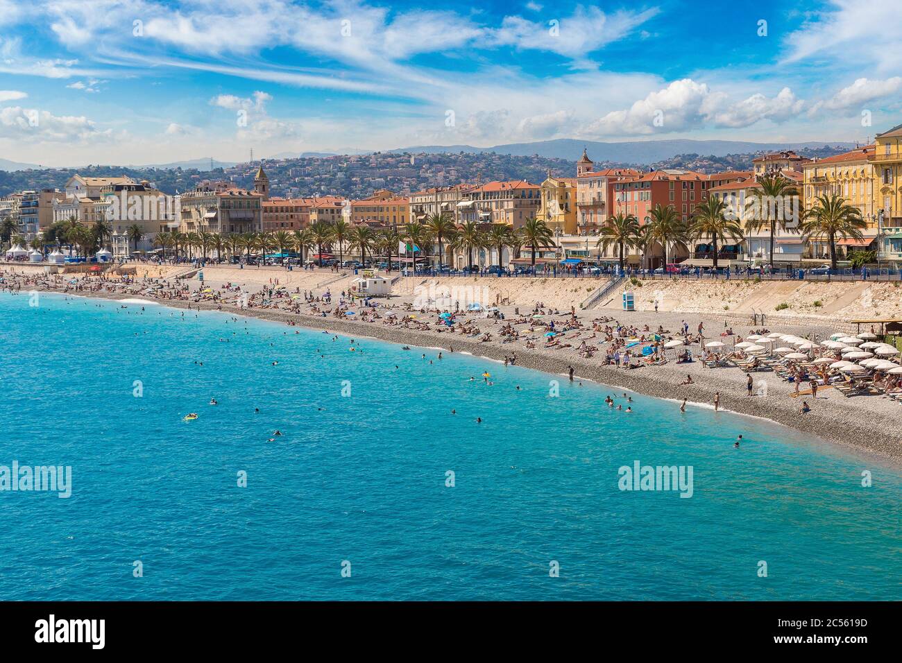 Panoramic aerial view of public beach in Nice in a beautiful summer day ...