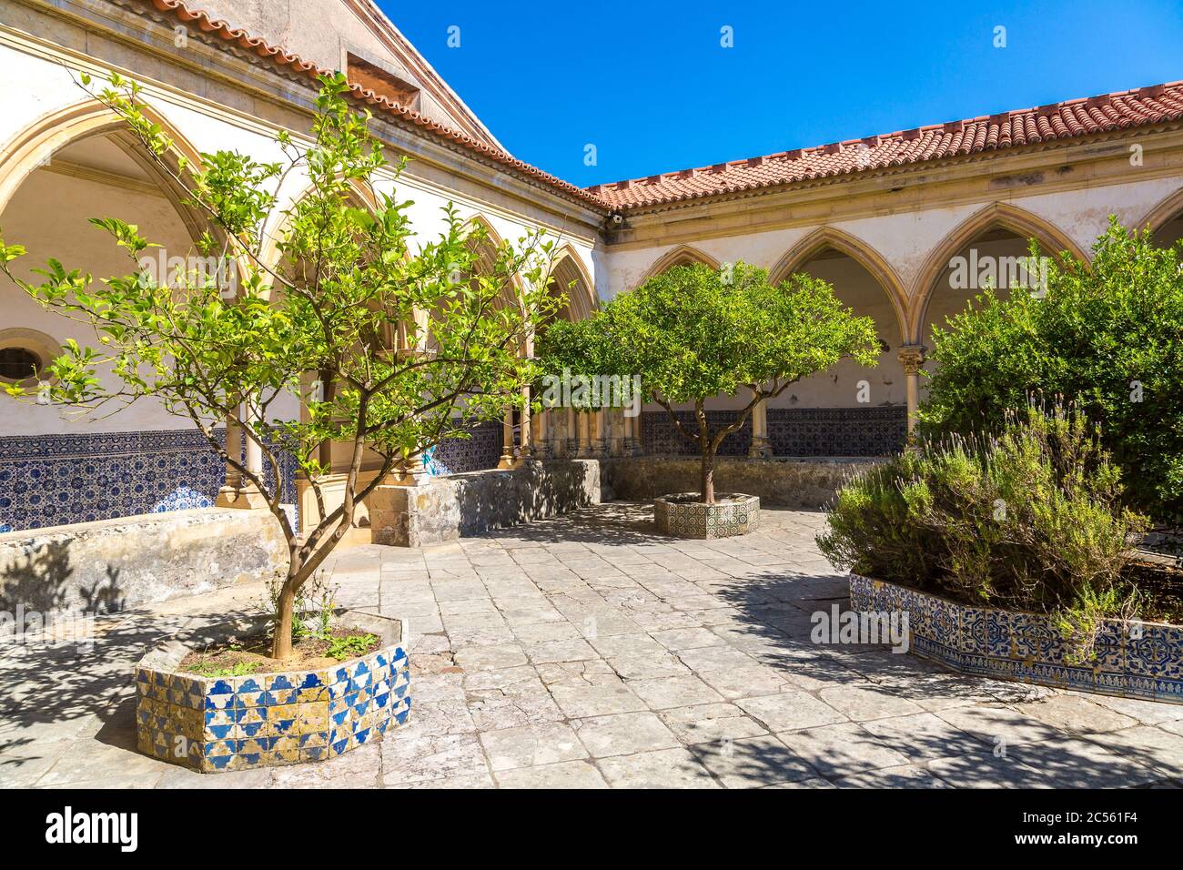 Central square of the inside medieval Templar castle in Tomar in a ...