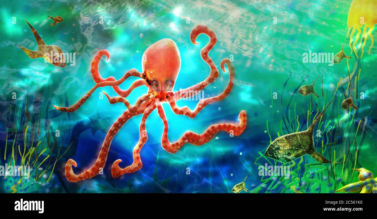 Underwater world. Red octopus with tropical fish. Sea life Stock Photo ...