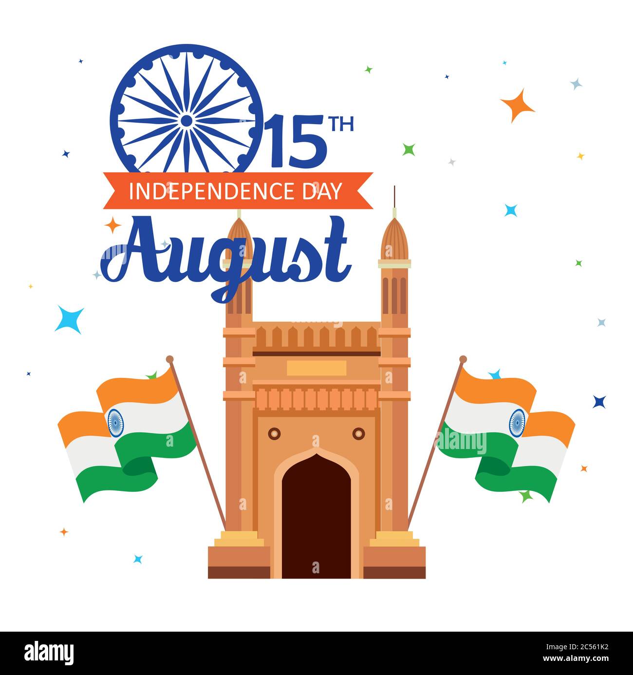 indian happy independence day, celebration 15 august, with gateway and icons decoration Stock ...