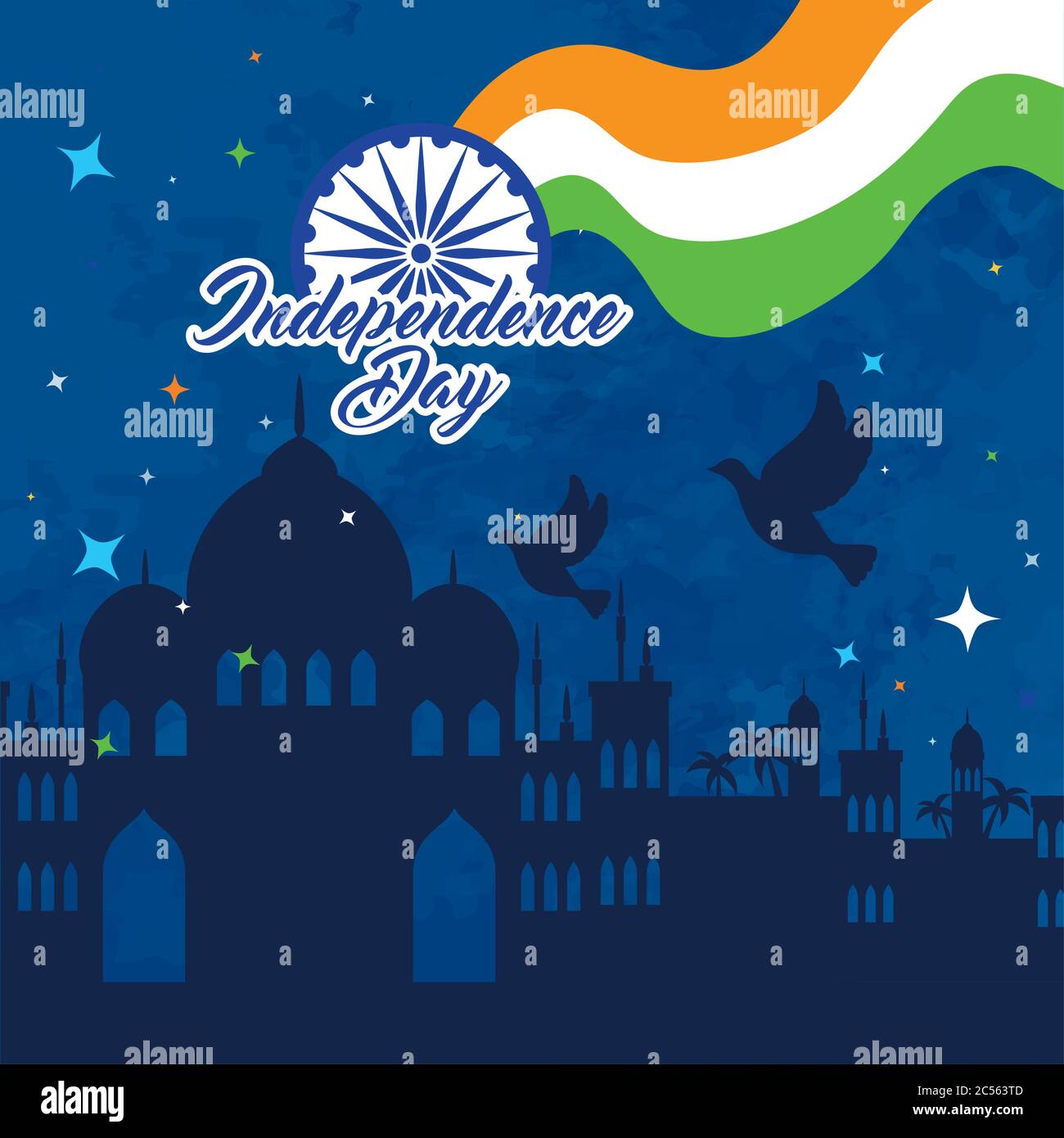 indian happy independence day, silhouette of monuments and decoration ...