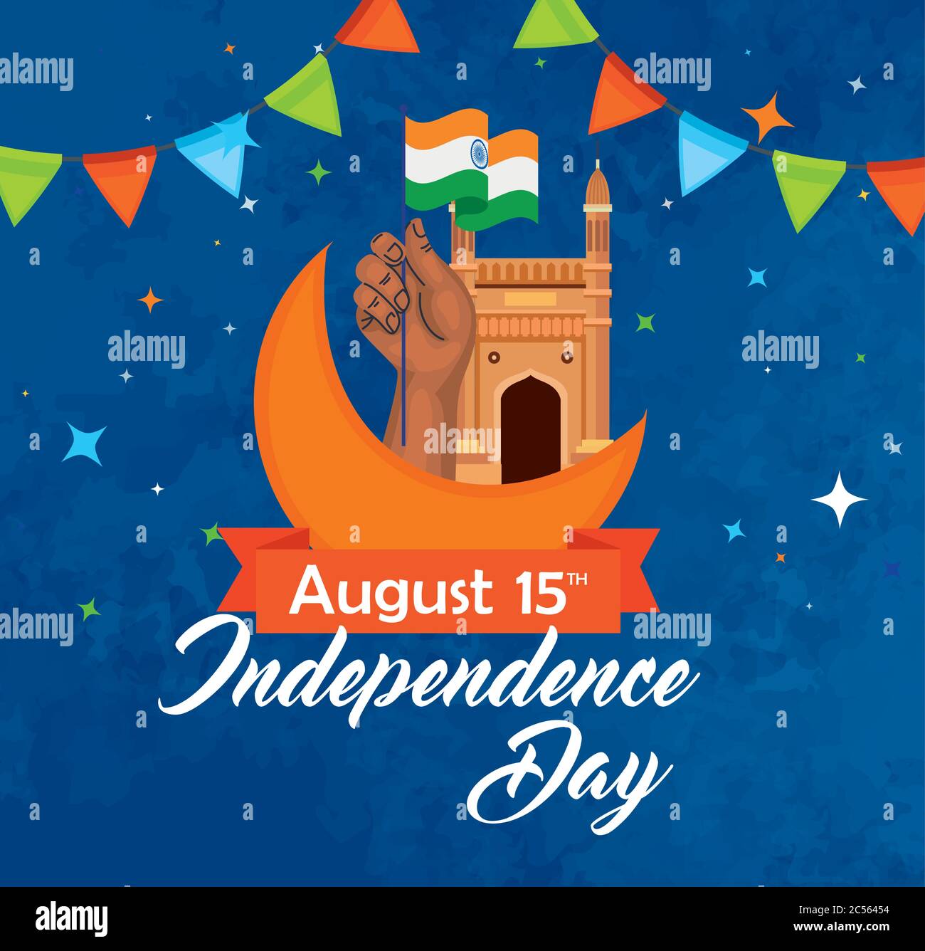 indian happy independence day, celebration 15 august, with gateway and icons decoration Stock ...