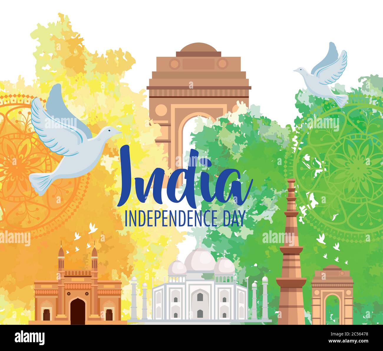 indian happy independence day, monuments traditional and dove flying ...