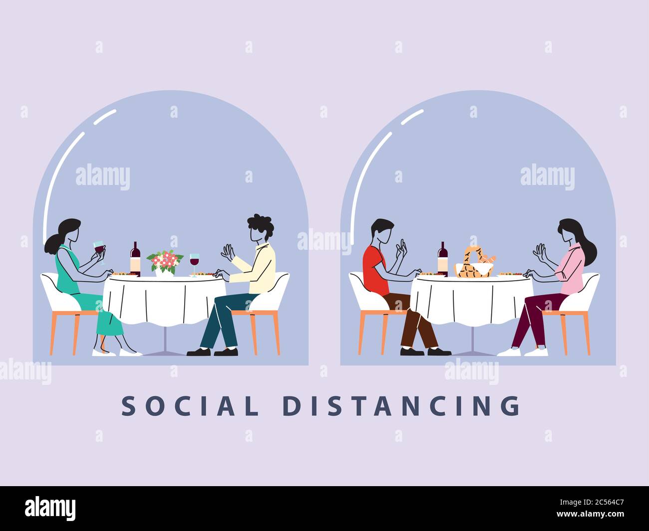 social distancing in restaurant, a man and a woman sitting eating ...