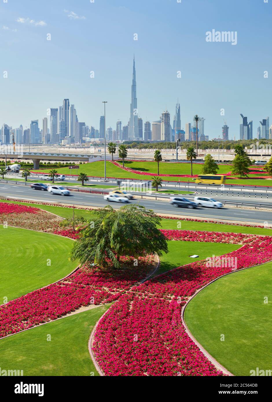 Skyline, green meadows, palm trees, flowers, Dubai, United Arab ...