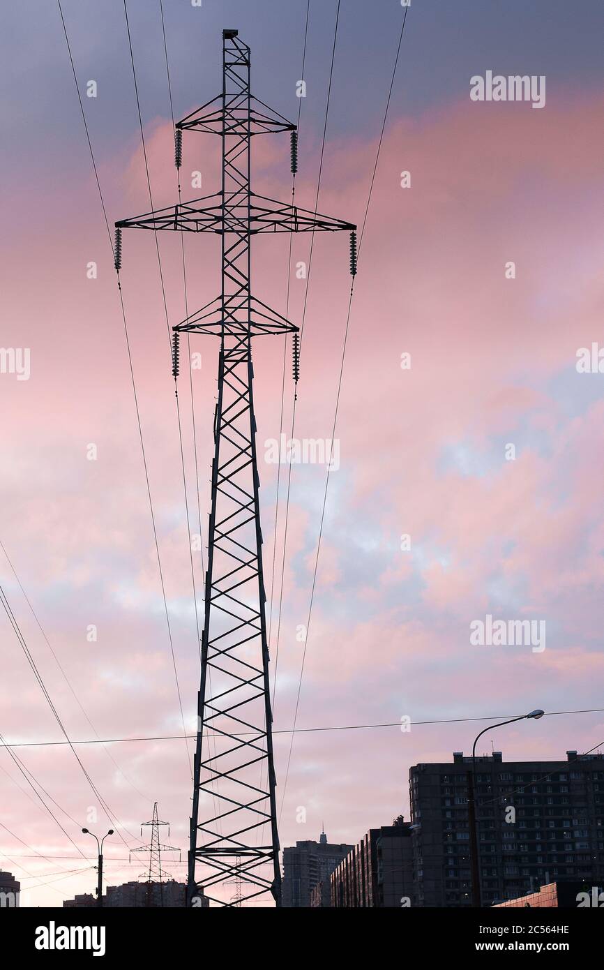 Saint Petersburg, Russia February 3, 2020: Power lines in a big city in ...