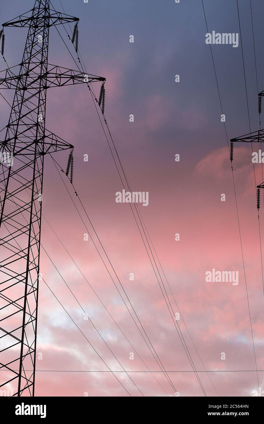 Saint Petersburg, Russia February 3, 2020: Power lines in a big city in ...