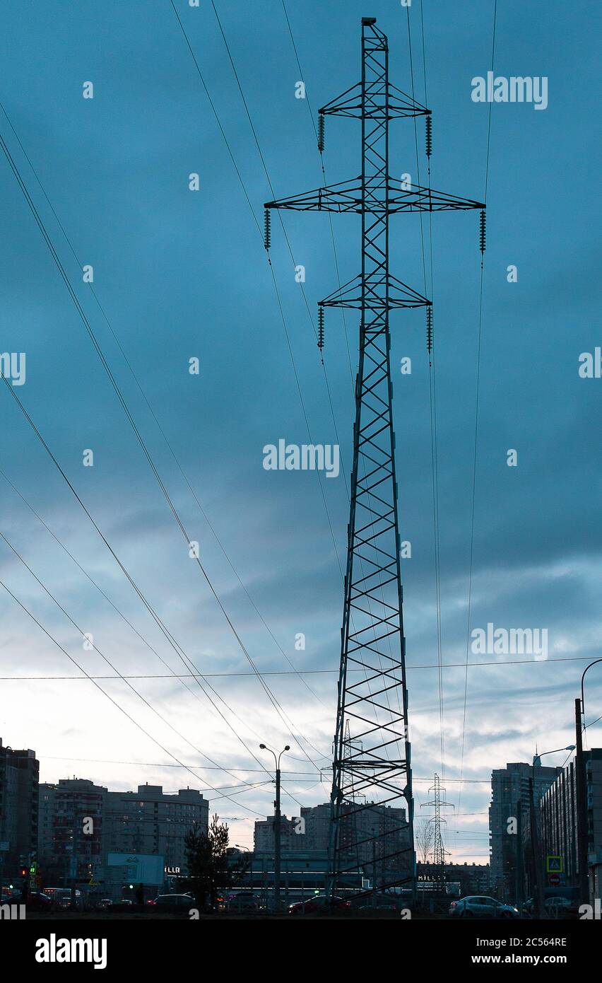 Saint Petersburg, Russia February 3, 2020: Power lines in a big city in ...