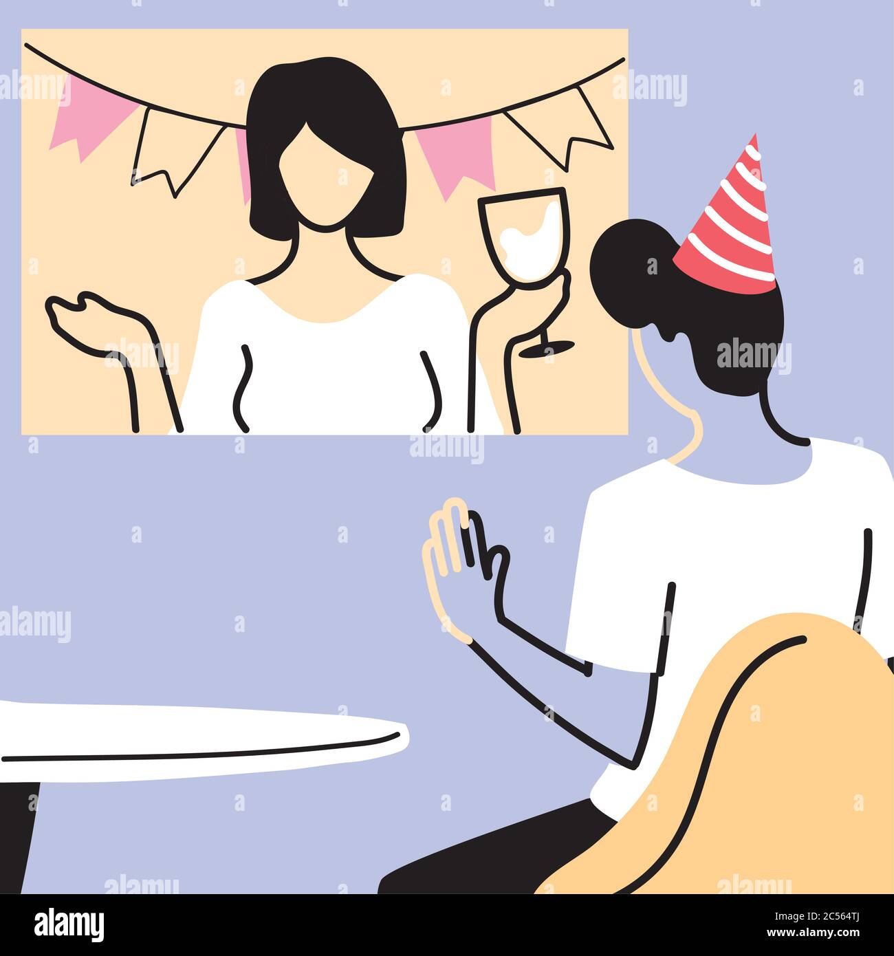 Man with party hat and screen in video chat design, Happy birthday ...