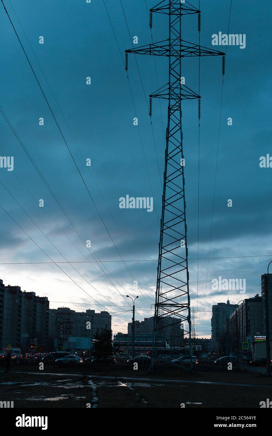 Saint Petersburg, Russia February 3, 2020: Power lines in a big city in ...