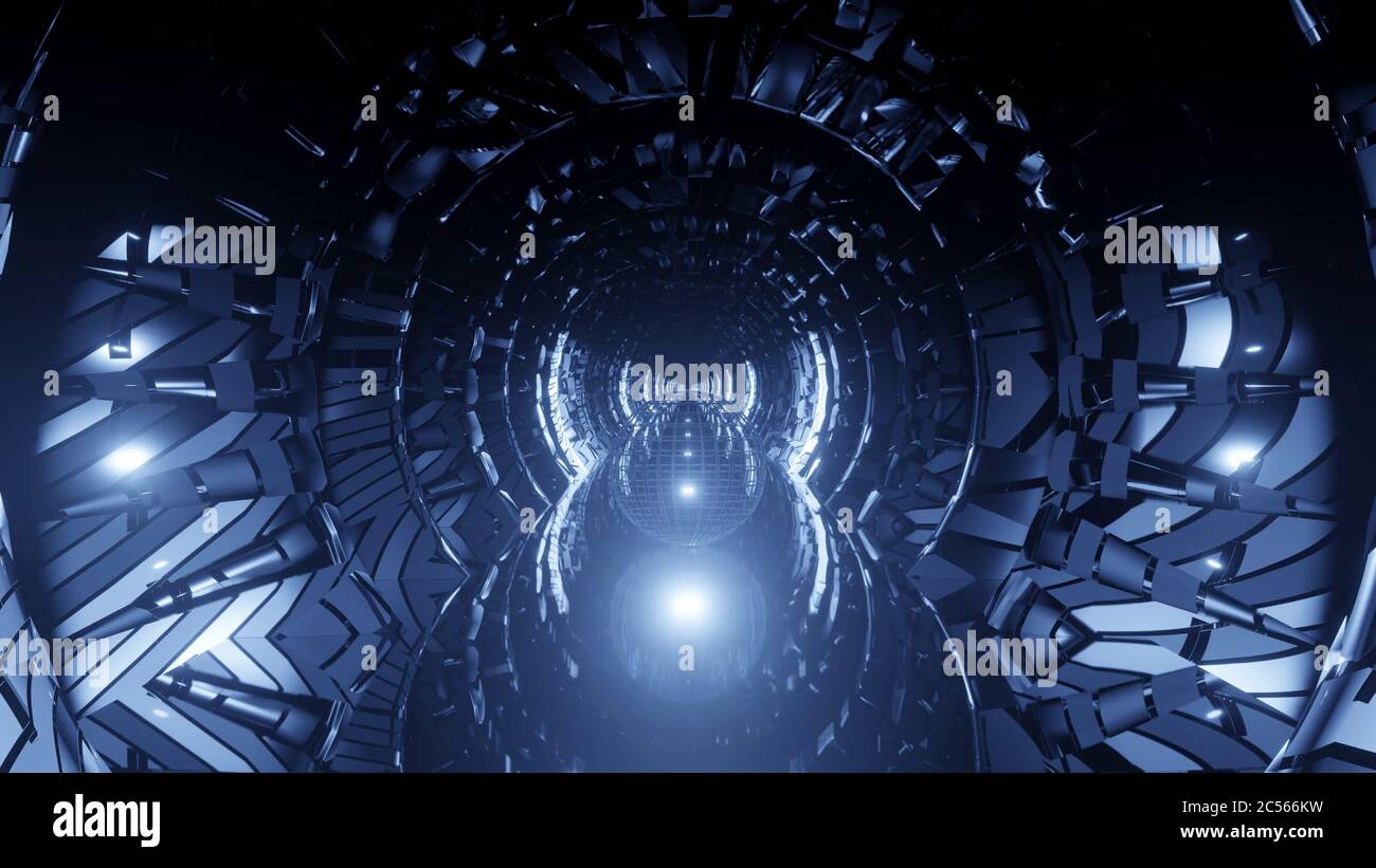 Abstract illustration of a mechanical sci-fi tunnel with mesh ball ...
