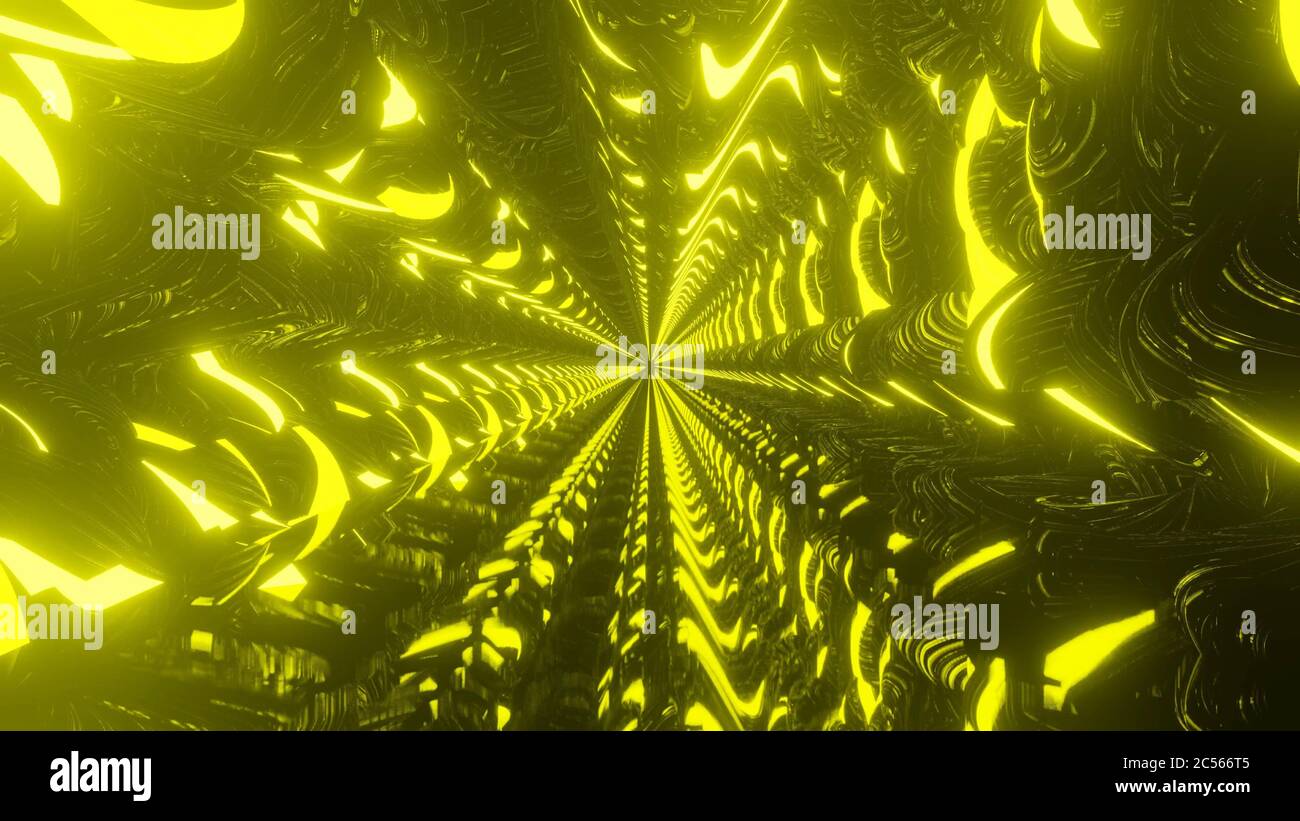 Abstract illustration of a fragmented psychedelic tunnel with yellow ...