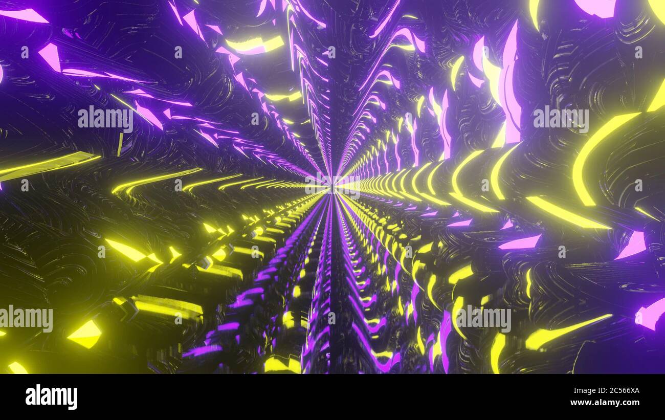 Abstract illustration of a fragmented psychedelic tunnel with violet ...