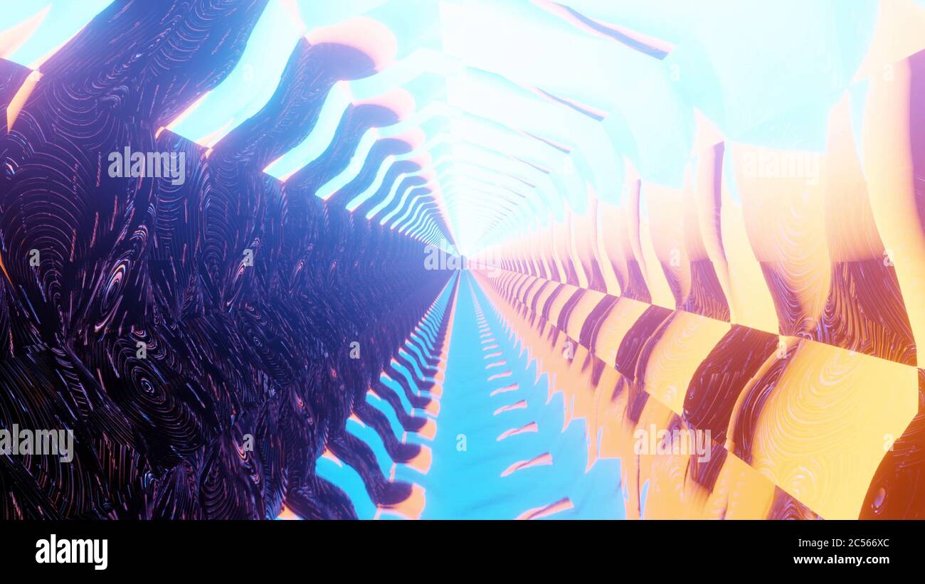 Abstract illustration of a fragmented psychedelic tunnel with bright ...