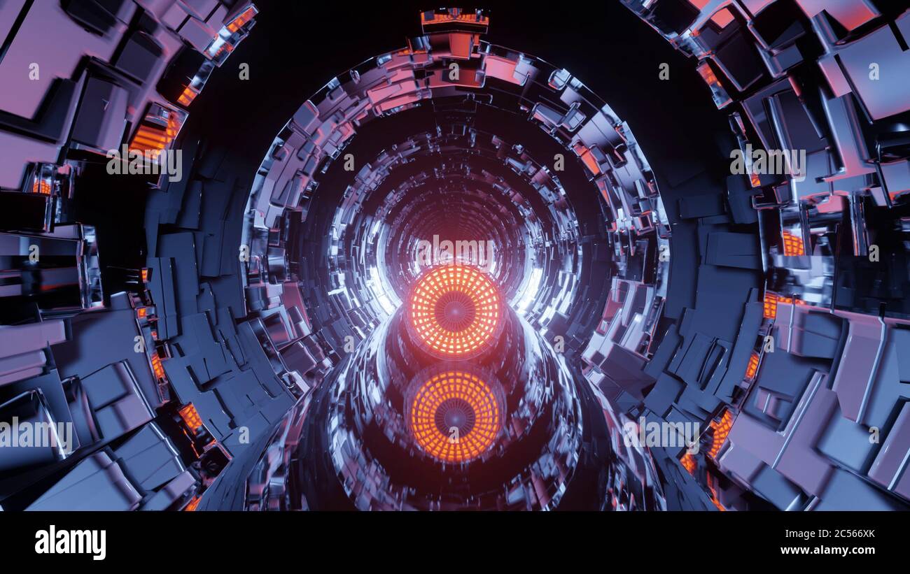 Abstract illustration of a futuristic circular tunnel with orange ...