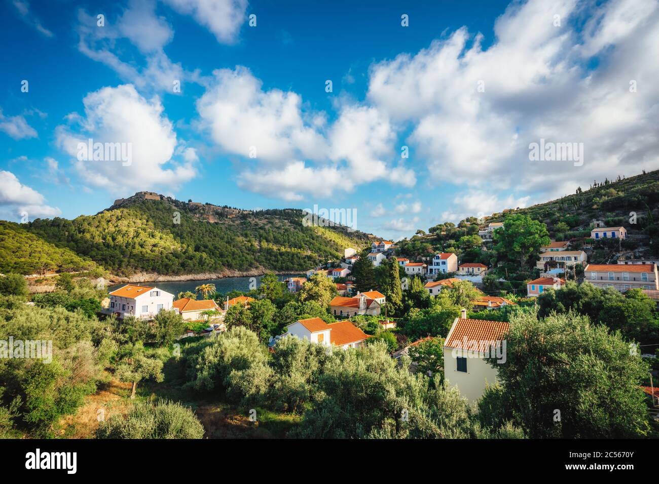 Assos town village, Kefalonia island, Greece. Beautiful cloudscape in ...