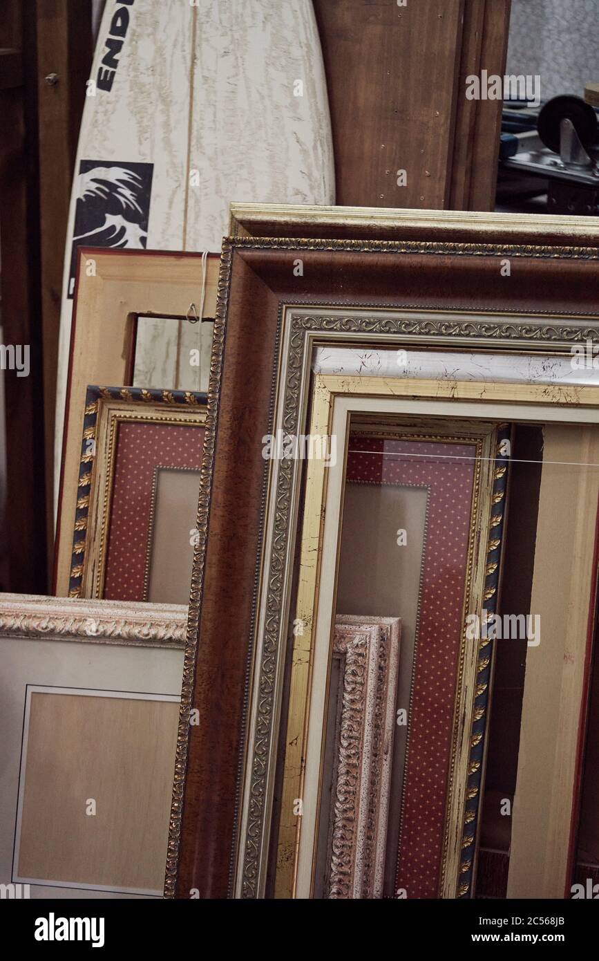 Vertical closeup shot of a lot of different wooden photo frames Stock ...