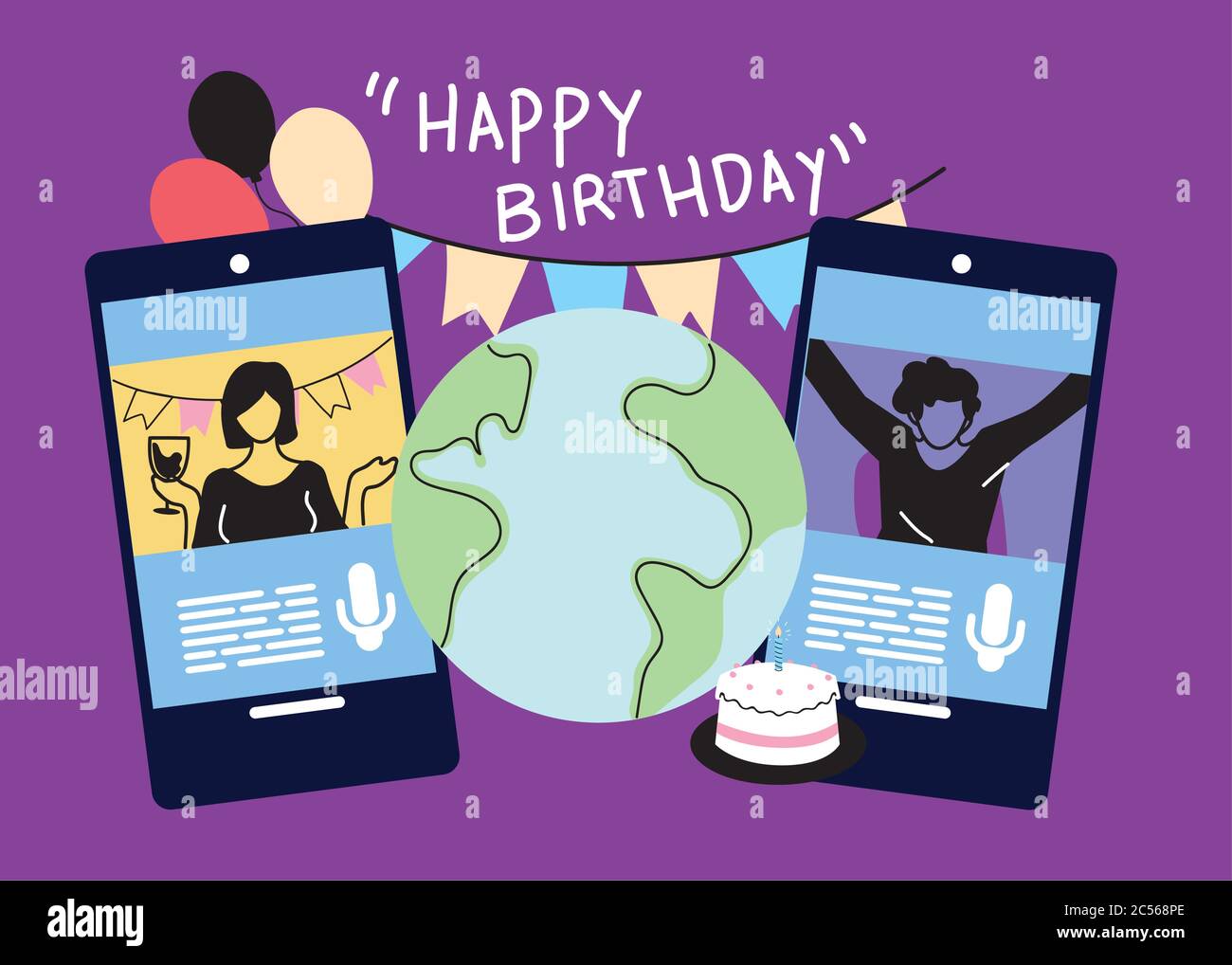 People on smartphones with world and cake design, Happy birthday and ...