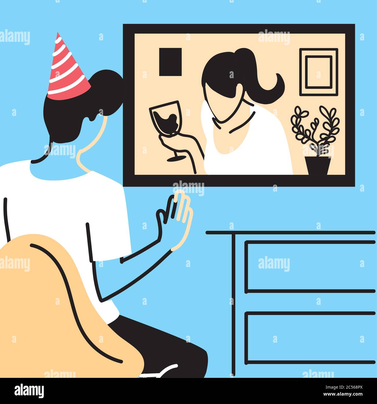Man with party hat and screen in video chat design, Happy birthday ...