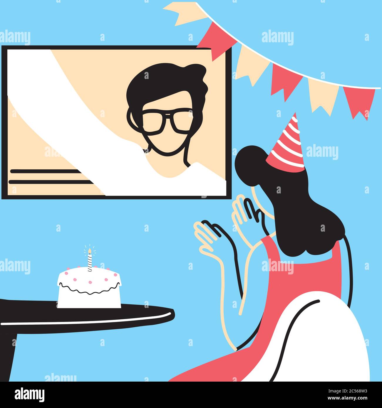 Woman with party hat and screen in video chat design, Happy birthday ...