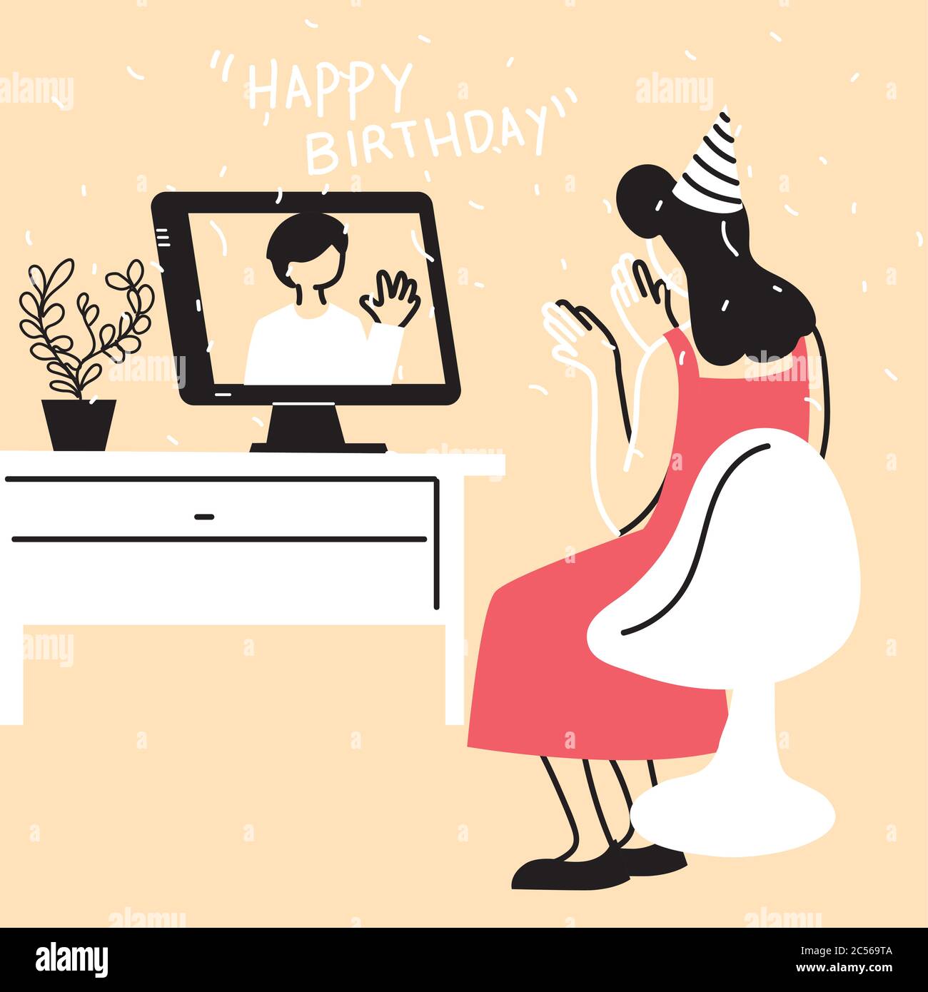 Woman with party hat and computer in video chat design, Happy birthday ...