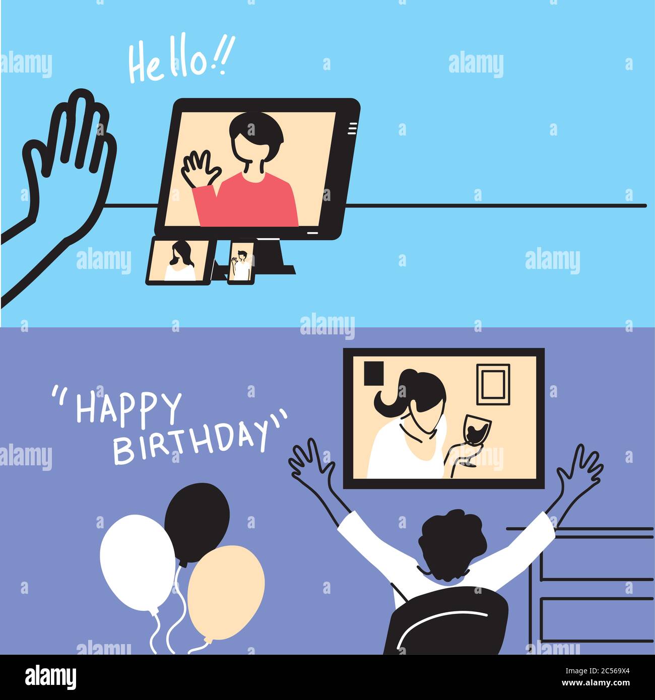 People in video chat celebrating design, Happy birthday celebration ...