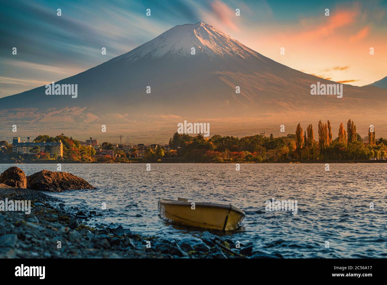 Landscape image of Mt. Fuji over Lake Kawaguchiko at sunset in Fujikawaguchiko, Japan Stock ...