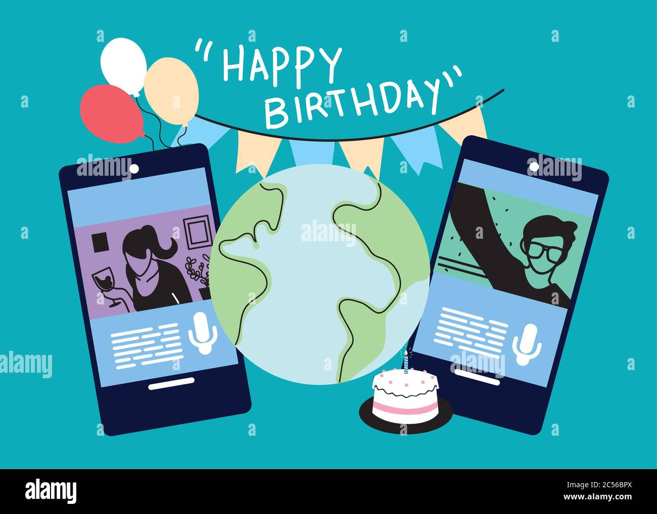 People on smartphones with world and cake design, Happy birthday and ...