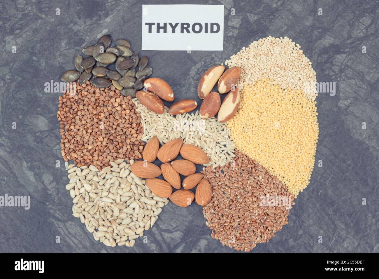 Nutritious natural ingredients in shape of thyroid. Healthy food as ...