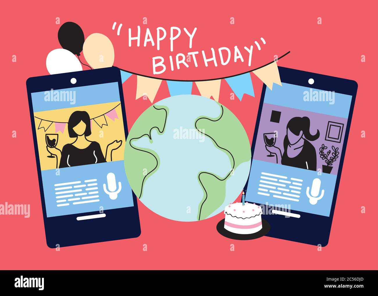 Women on smartphones with world and cake design, Happy birthday and ...