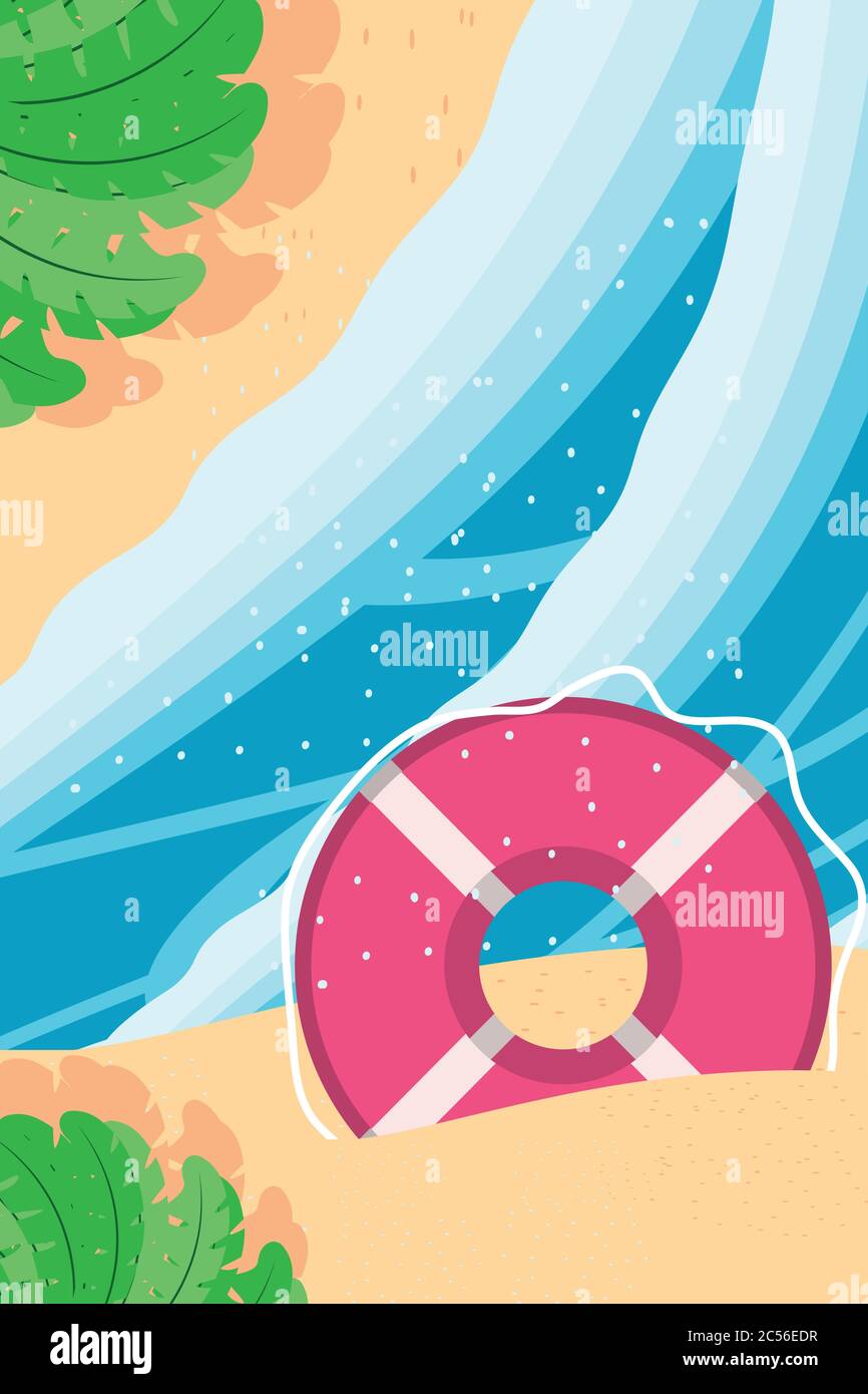 Beach with sea float and leaves top view detailed style icon design ...