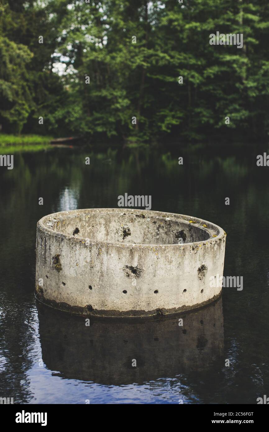 Old concrete pipe in a lake surrounded by trees Stock Photo - Alamy