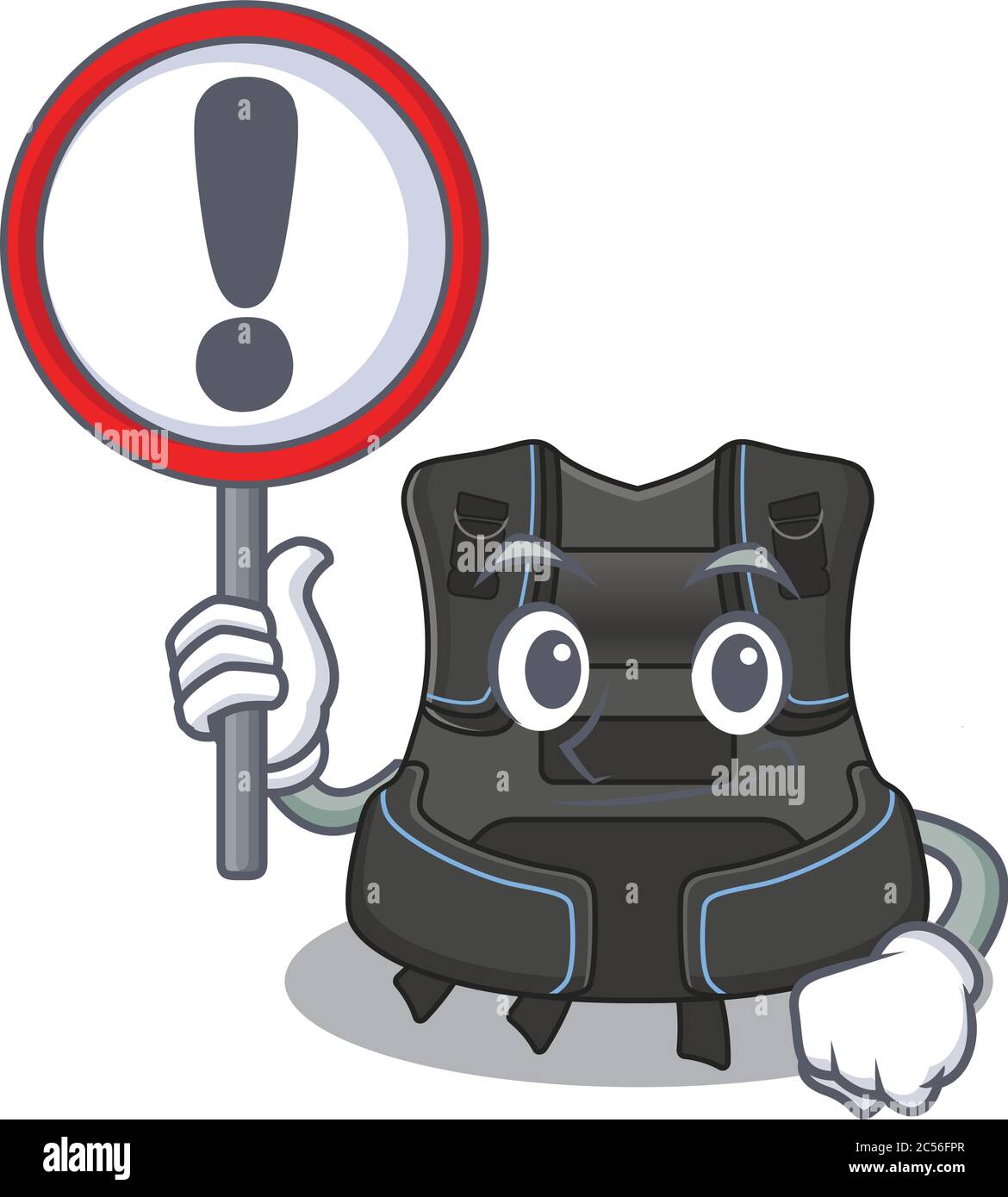 A cartoon icon of scuba buoyancy compensator with a exclamation sign ...
