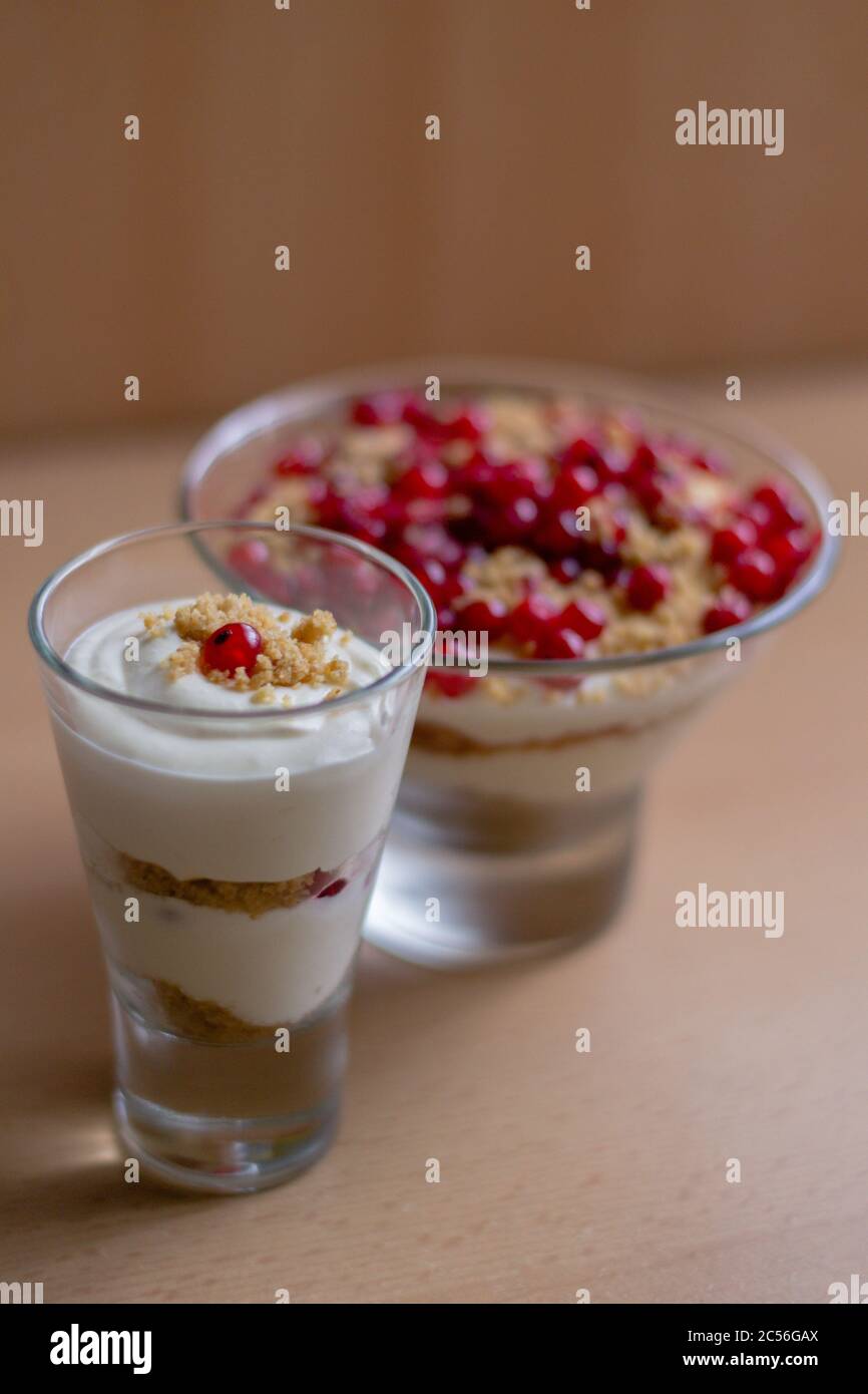 Vertical shot of a glass bowl of vanilla yogurt with currants on top on ...