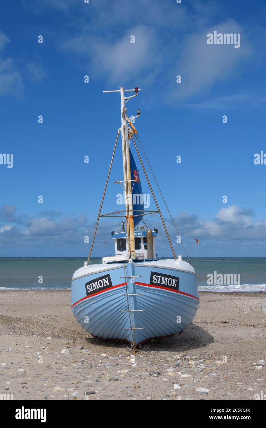 Beach with fishing boat, Vorupor, Nationalpark Thy, Thisted, North Sea ...