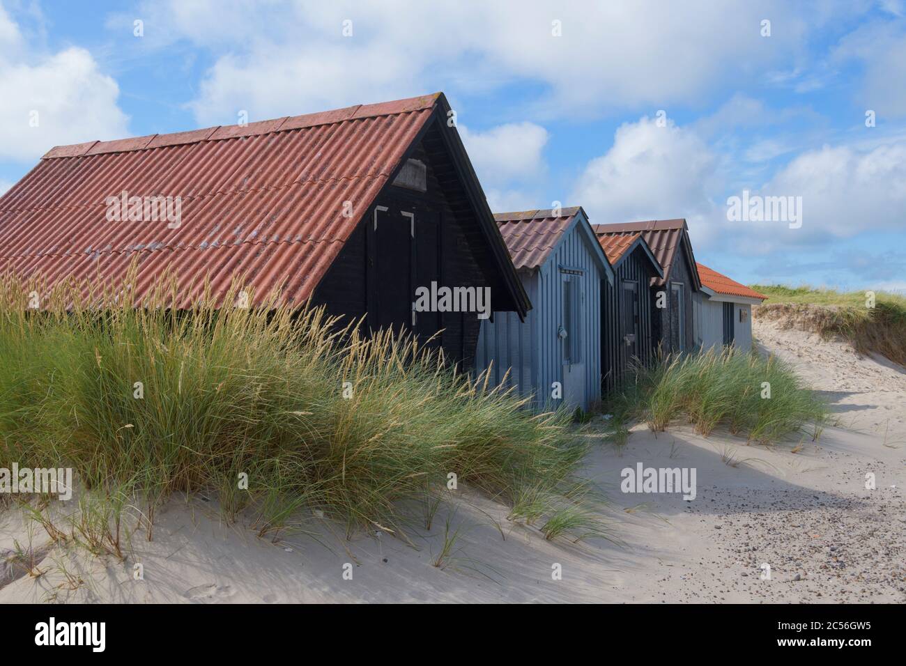 Boathouses on the beach, Vorupor, Nationalpark Thy, Thisted, North Sea ...