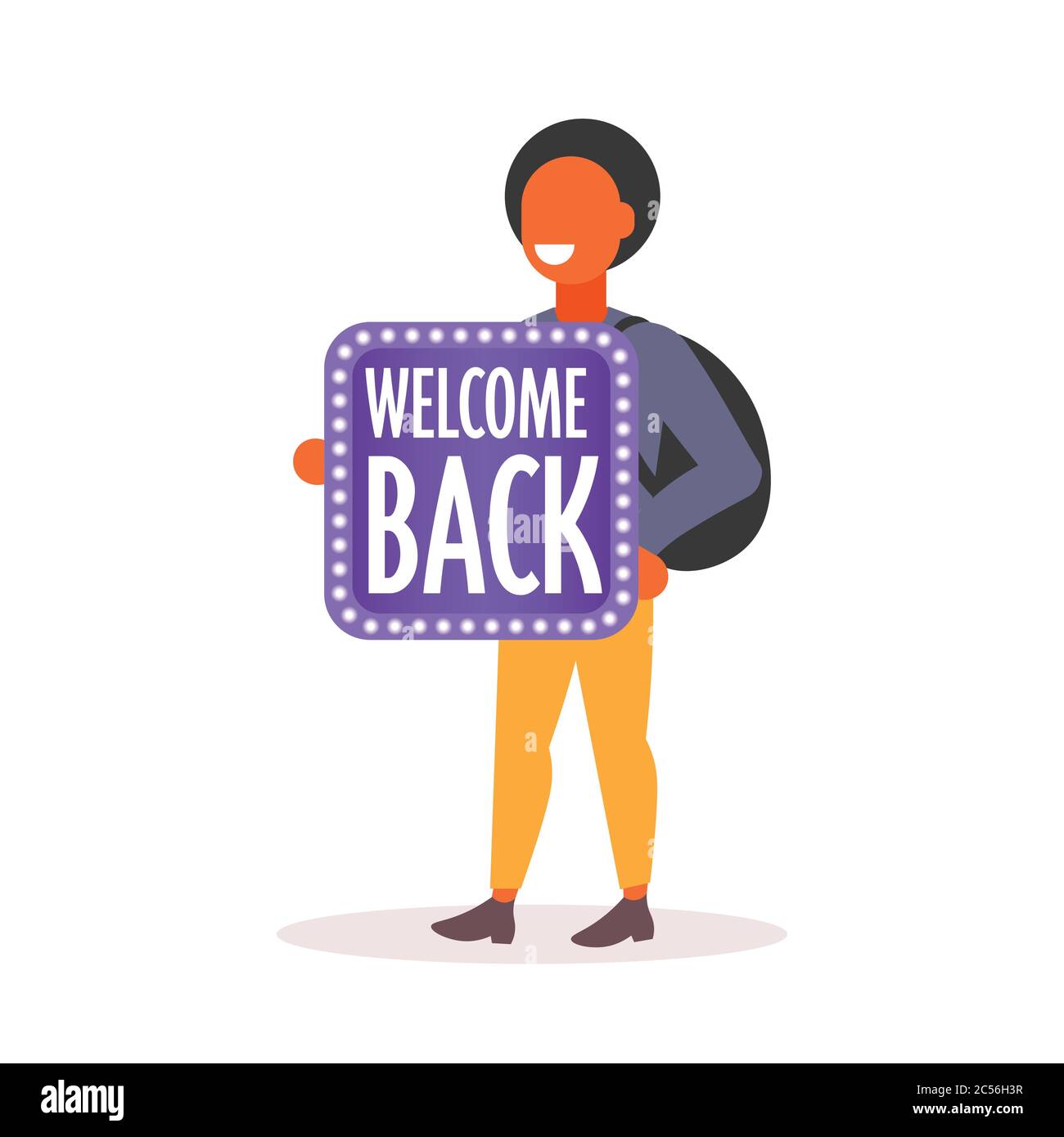 schoolboy with backpack holding welcome back board coronavirus ...