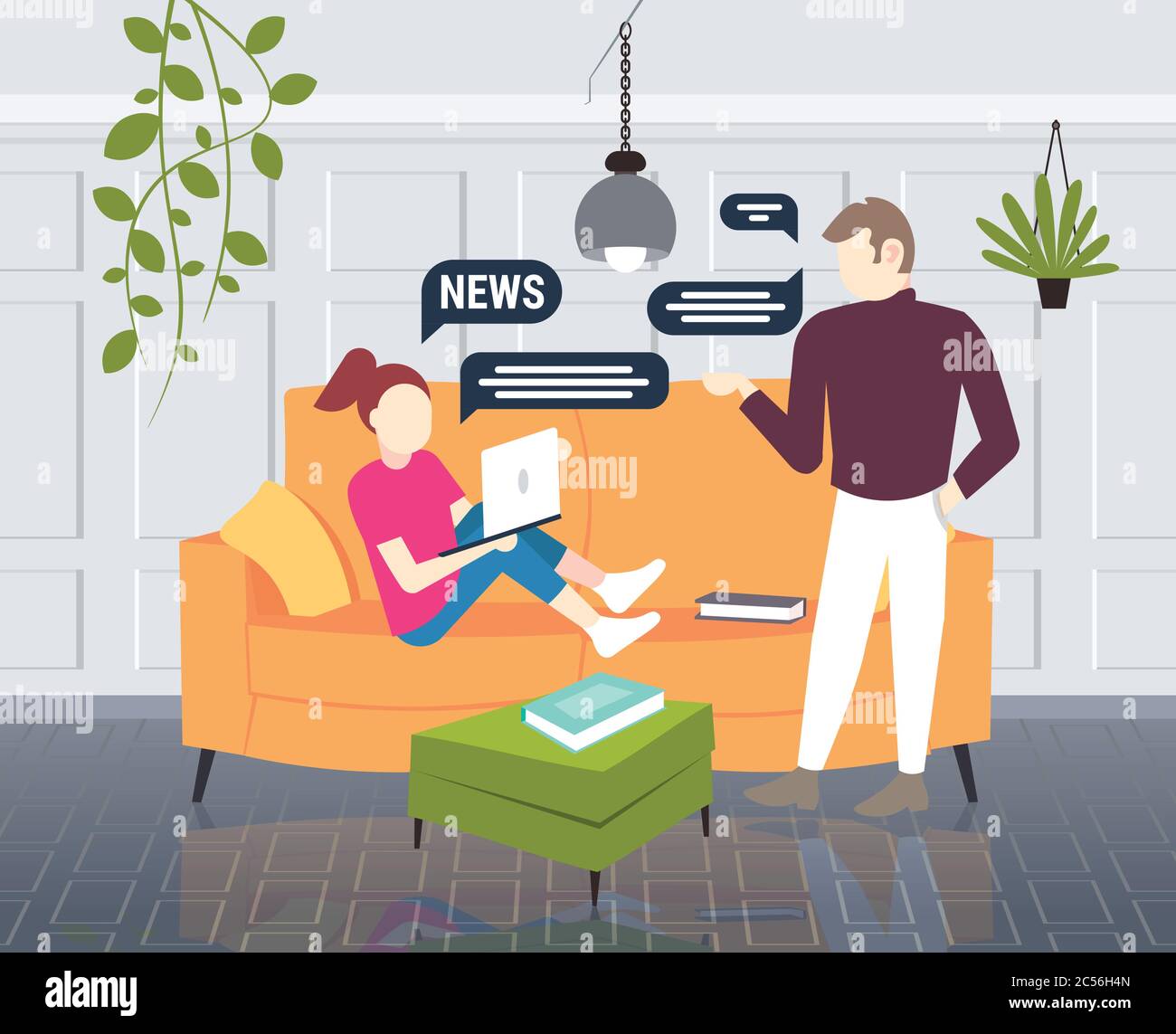 woman reading news on laptop couple chutting during meeting chat bubble ...