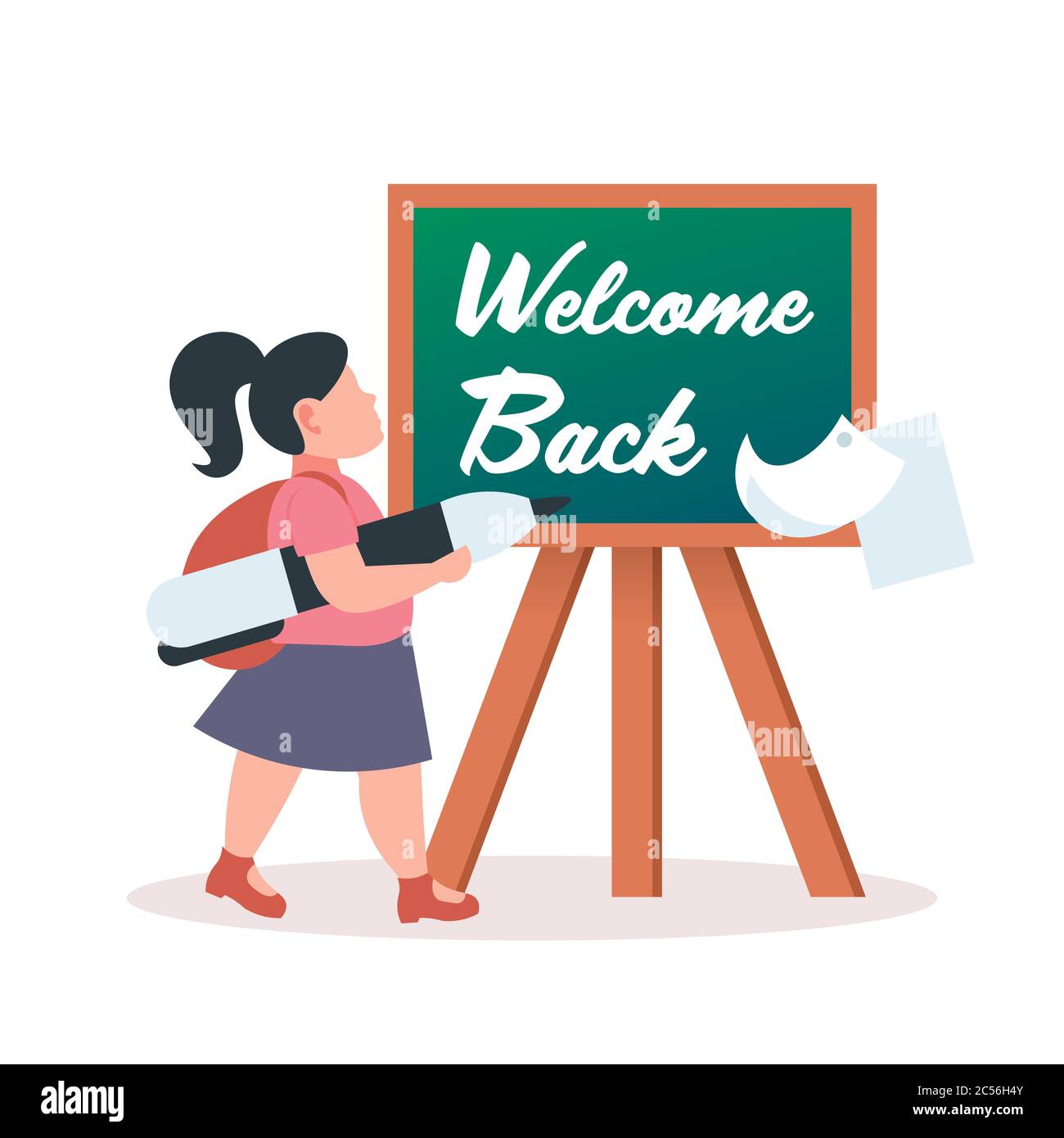 schoolgirl holding pencil standing in front of chalk board with welcome ...