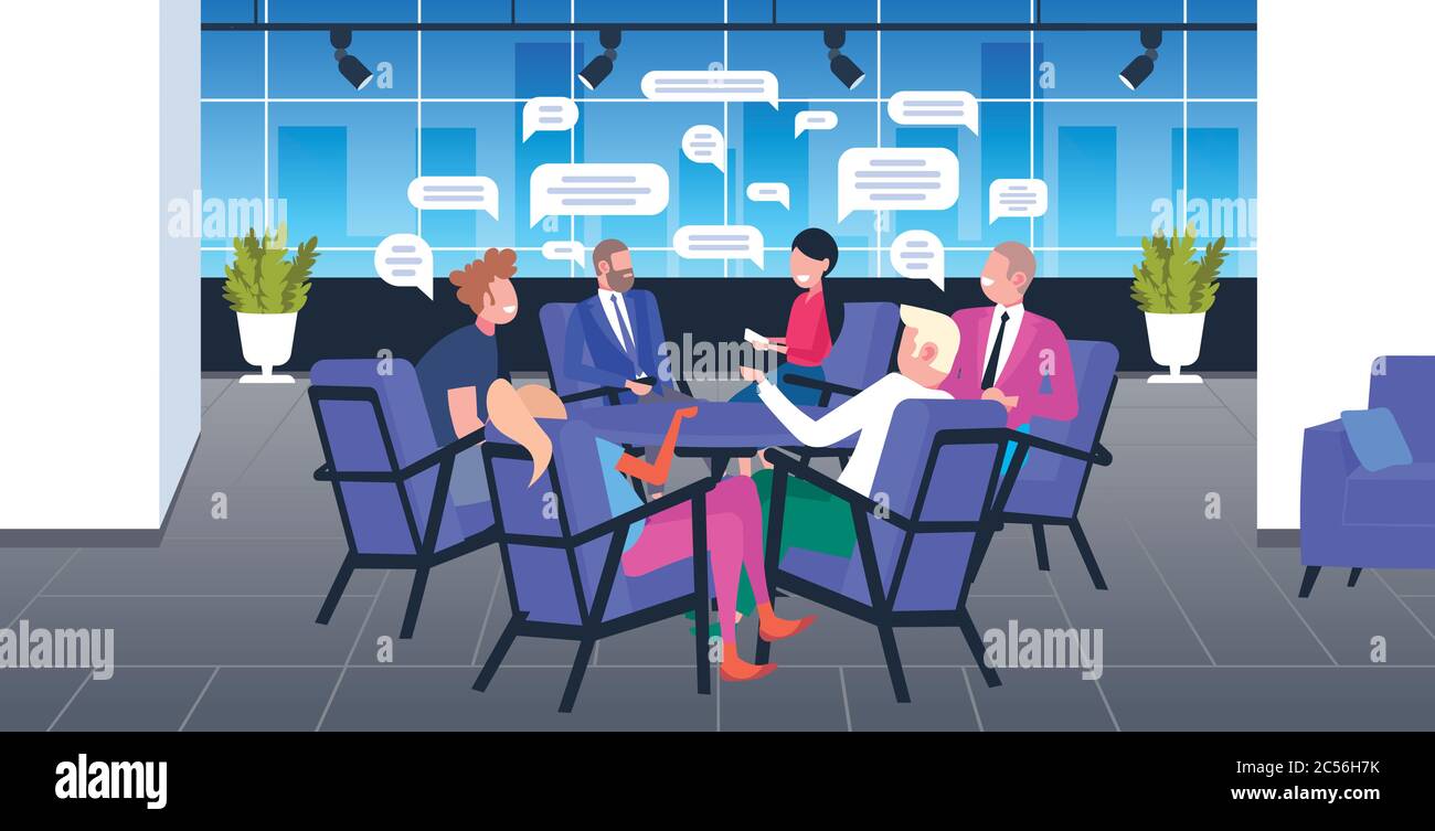 businesspeople chatting during conference meeting chat bubble ...