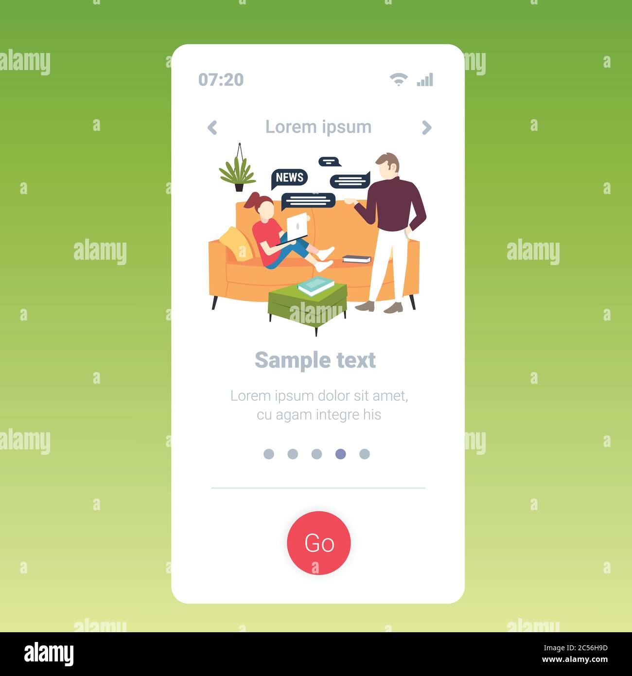 woman reading news on laptop couple chutting during meeting chat bubble ...