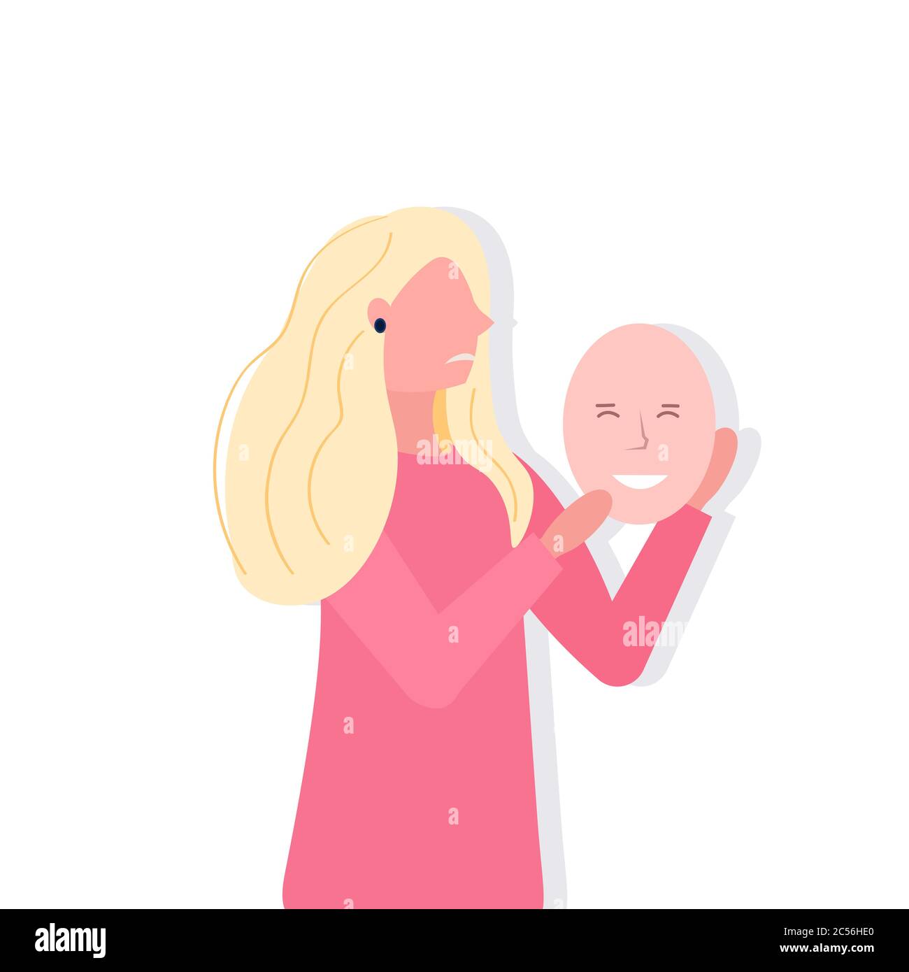 depressed woman holding positive mask girl covering face emotions ...