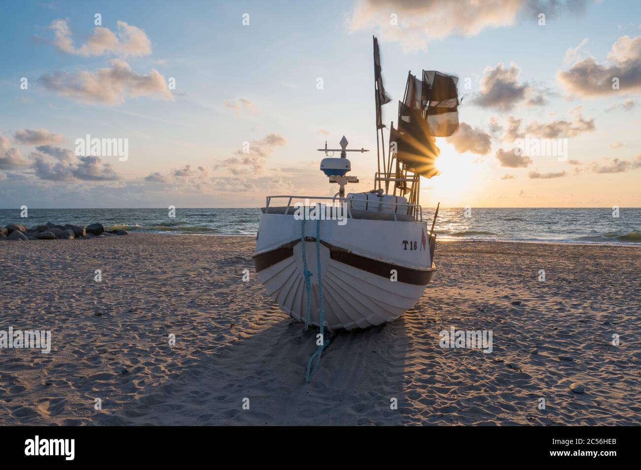 Fishing boat on beach, Stenbjerg, Snedsted, Nationalpark Thy, North Sea ...