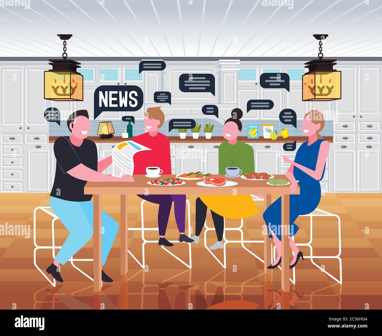 family having breakfast reading newspaper parents with children ...