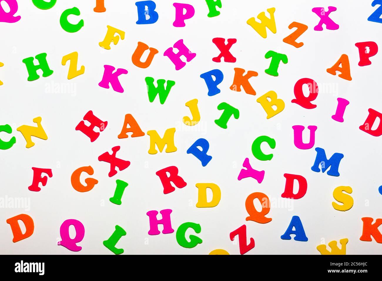 Closeup shot of multicolored English alphabet letters on a white ...
